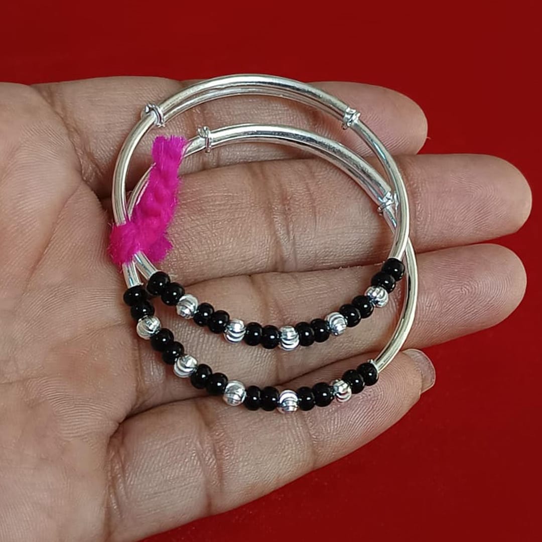 925 Sterling Silver Traditional Baby Bangle Handmade Black Beads ...