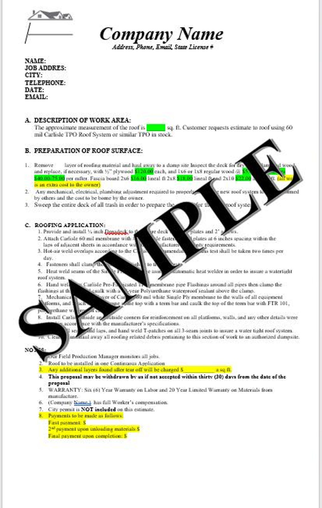 Roofing Proposal Contract TPO WORD Template - Etsy