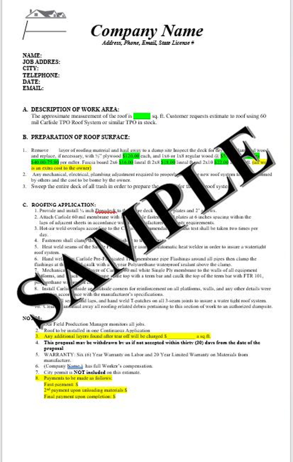 Roofing Proposal Contract TPO WORD Template - Etsy