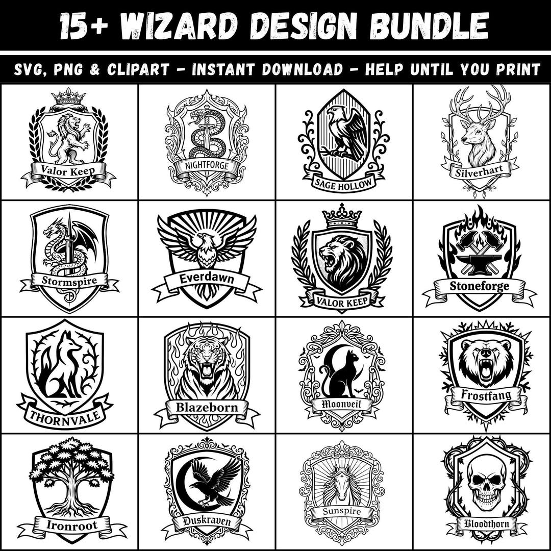 Wizard Crest SVG Bundle | 15 Fantasy Shield Clipart | Magical Coat of ...
