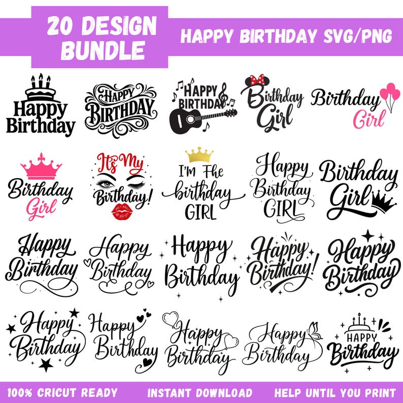 Birthday SVG Bundle | 20 Happy Birthday PNG Clipart | Birthday Girl SVG ...