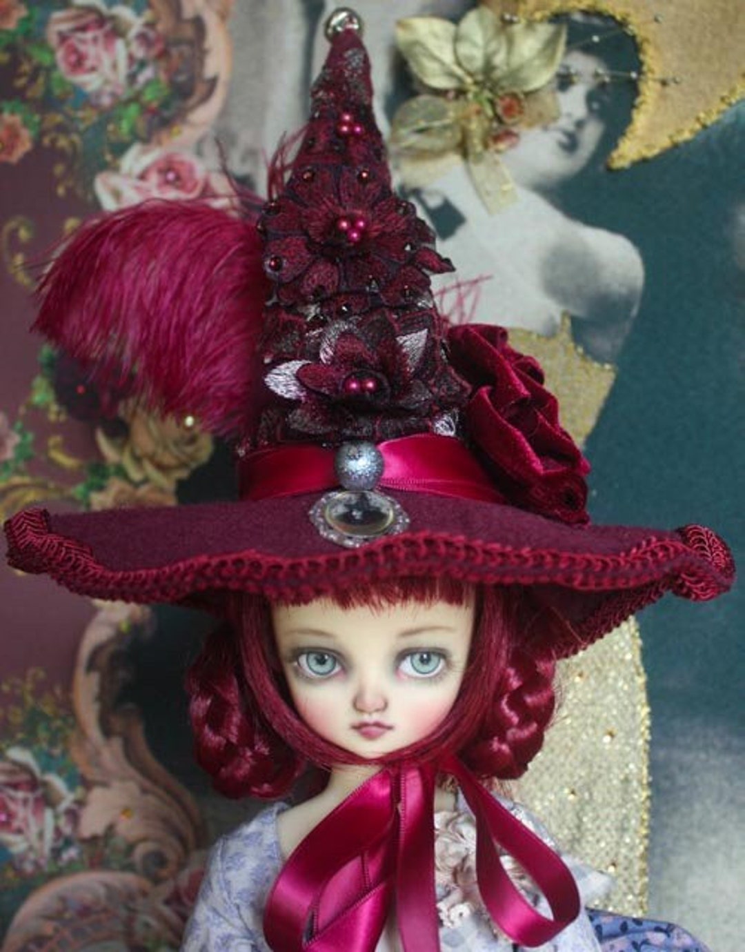 Deep Ruby Red Felt Witch or Princess Hat With Crystals, Beads and Large ...