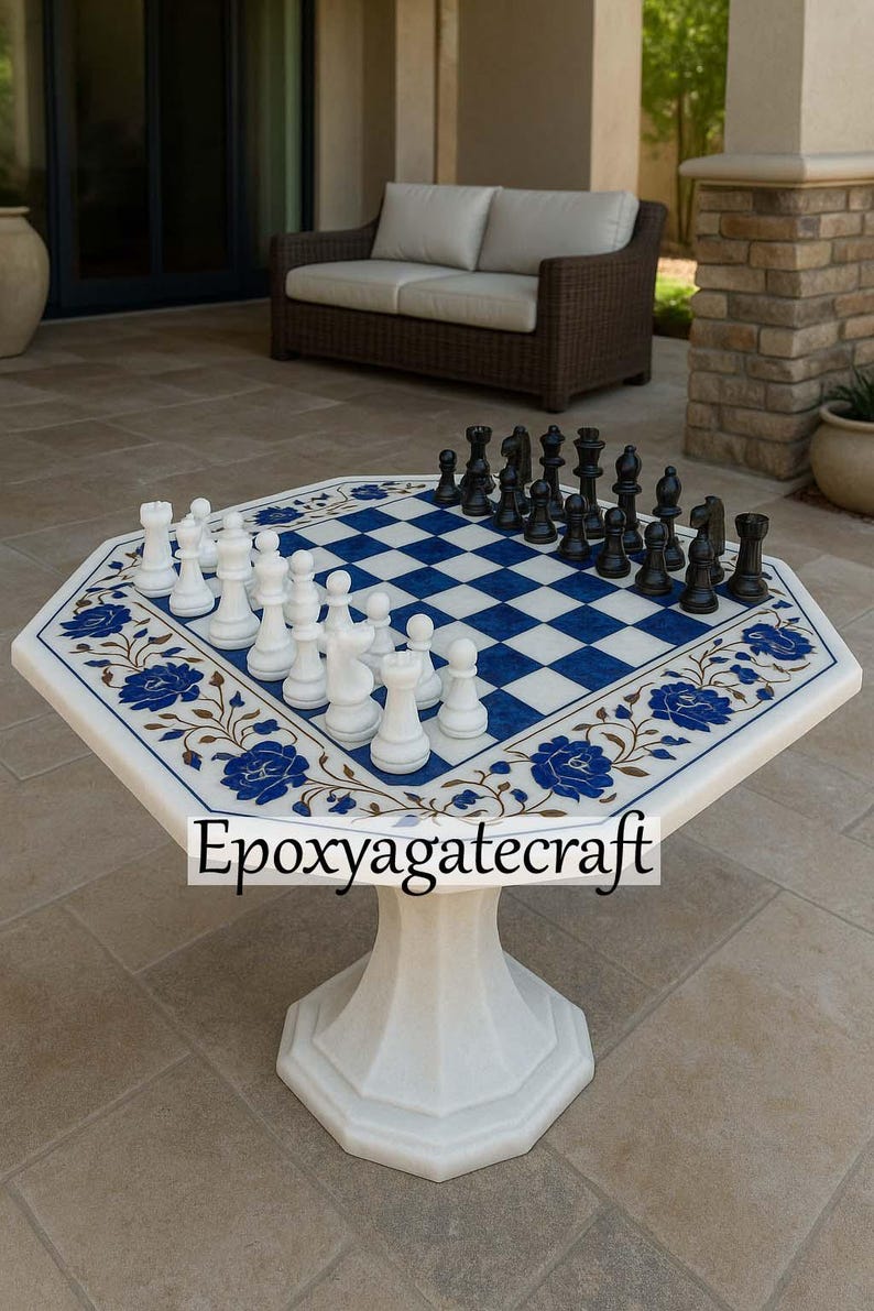 Blue Floral Marble Chess Table | Handcrafted Octagonal White Stone ...