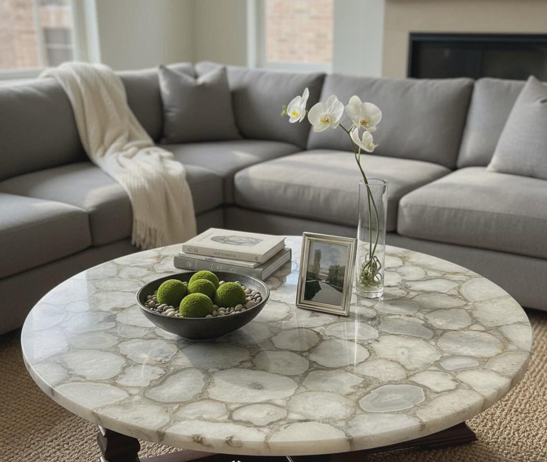 Luxury White Agate Table Top – Natural Gemstone Slab, Handmade Coffee ...