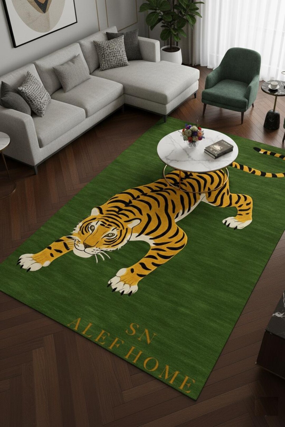 Green Tiger Print Wool Rug | Handmade Hand-tufted Statement Carpet for ...