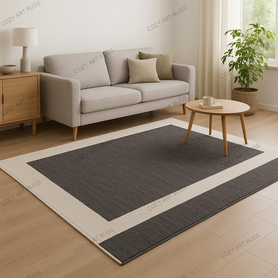 Modern Charcoal Gray Border Rug, Minimalist Living Room Decor - Etsy