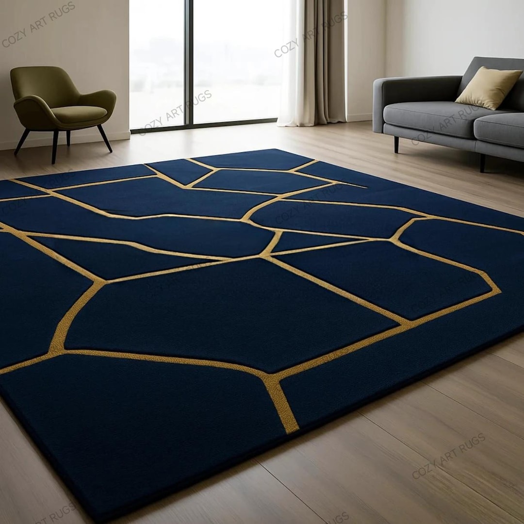 Navy Blue Geometric Rug: Gold Pattern, Hand-tufted Designer Carpet - Etsy