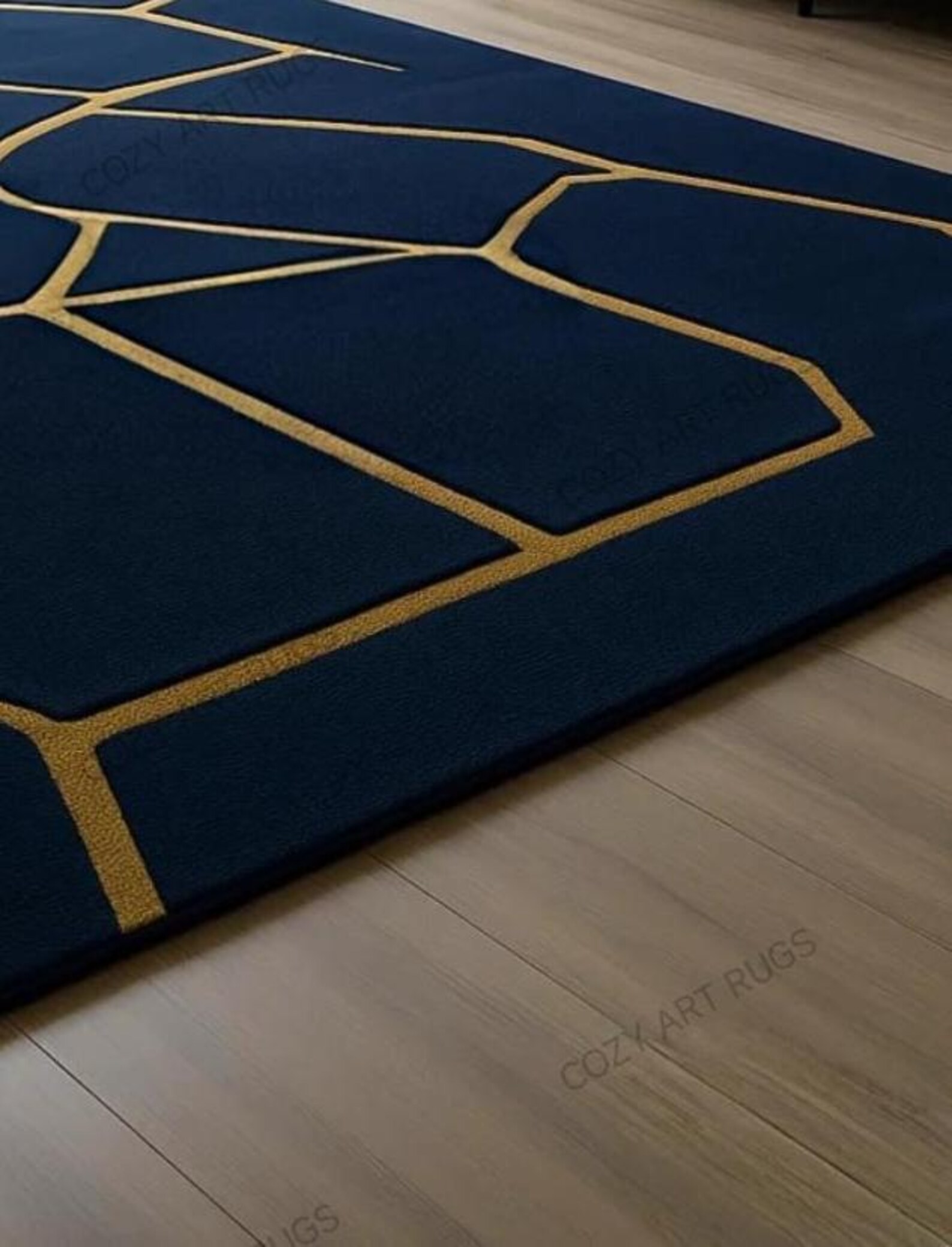 Navy Blue Geometric Rug: Gold Pattern, Hand-tufted Designer Carpet - Etsy