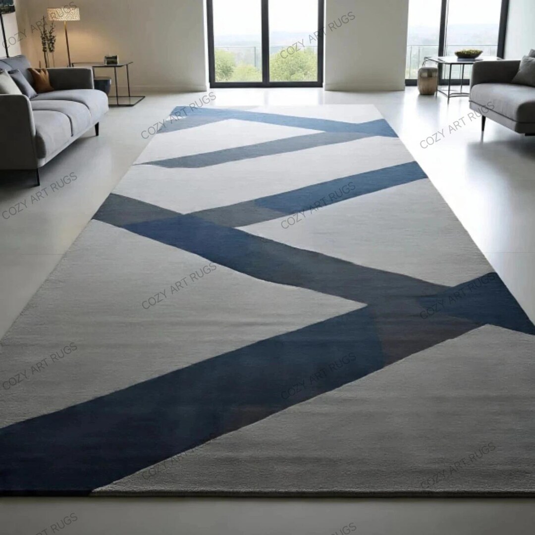 Hand-tufted Geometric Wool Rug: Modern Blue & Gray Abstract Carpet - Etsy