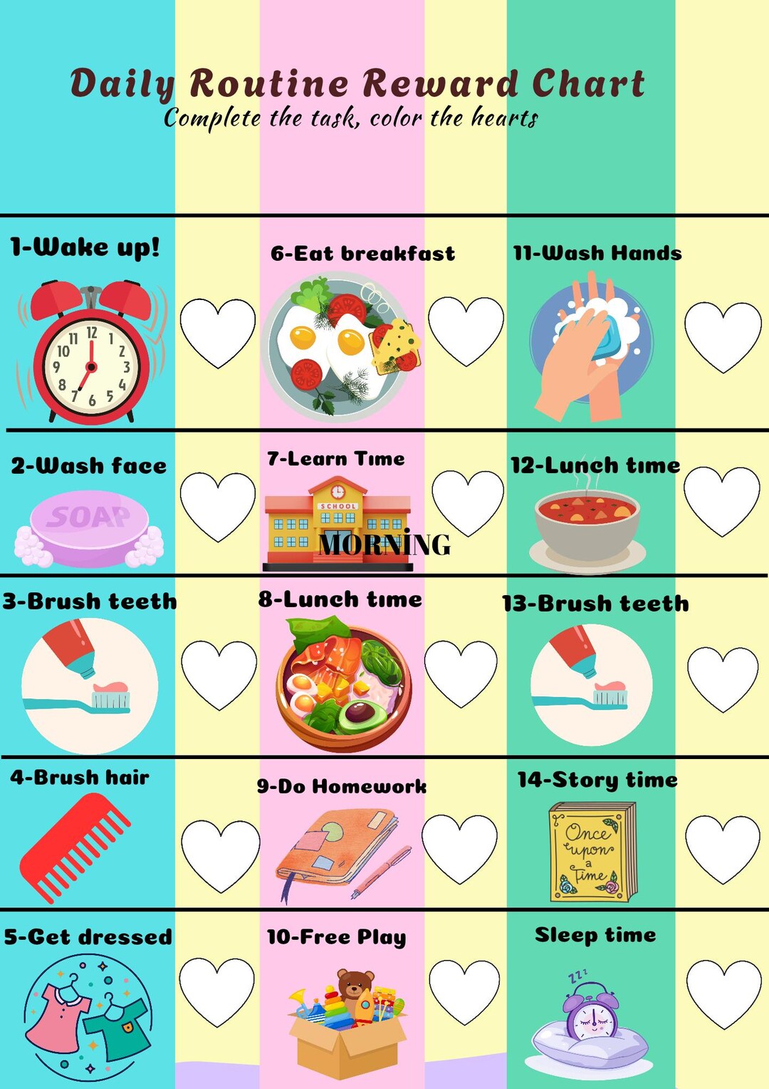 Daily Routine Reward Chart for Kids – Printable A4 Schedule With Heart ...