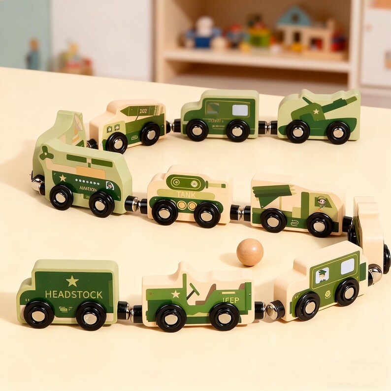 Wooden Magnetic Train Set (11 Cars) – Military Style Pull-along Early ...