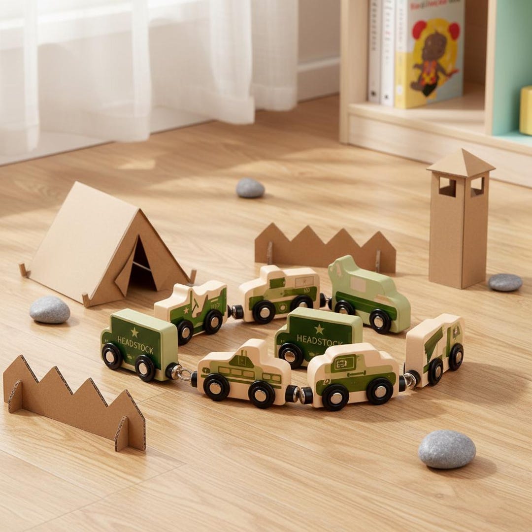 Wooden Magnetic Train Set (11 Cars) – Military Style Pull-along Early ...