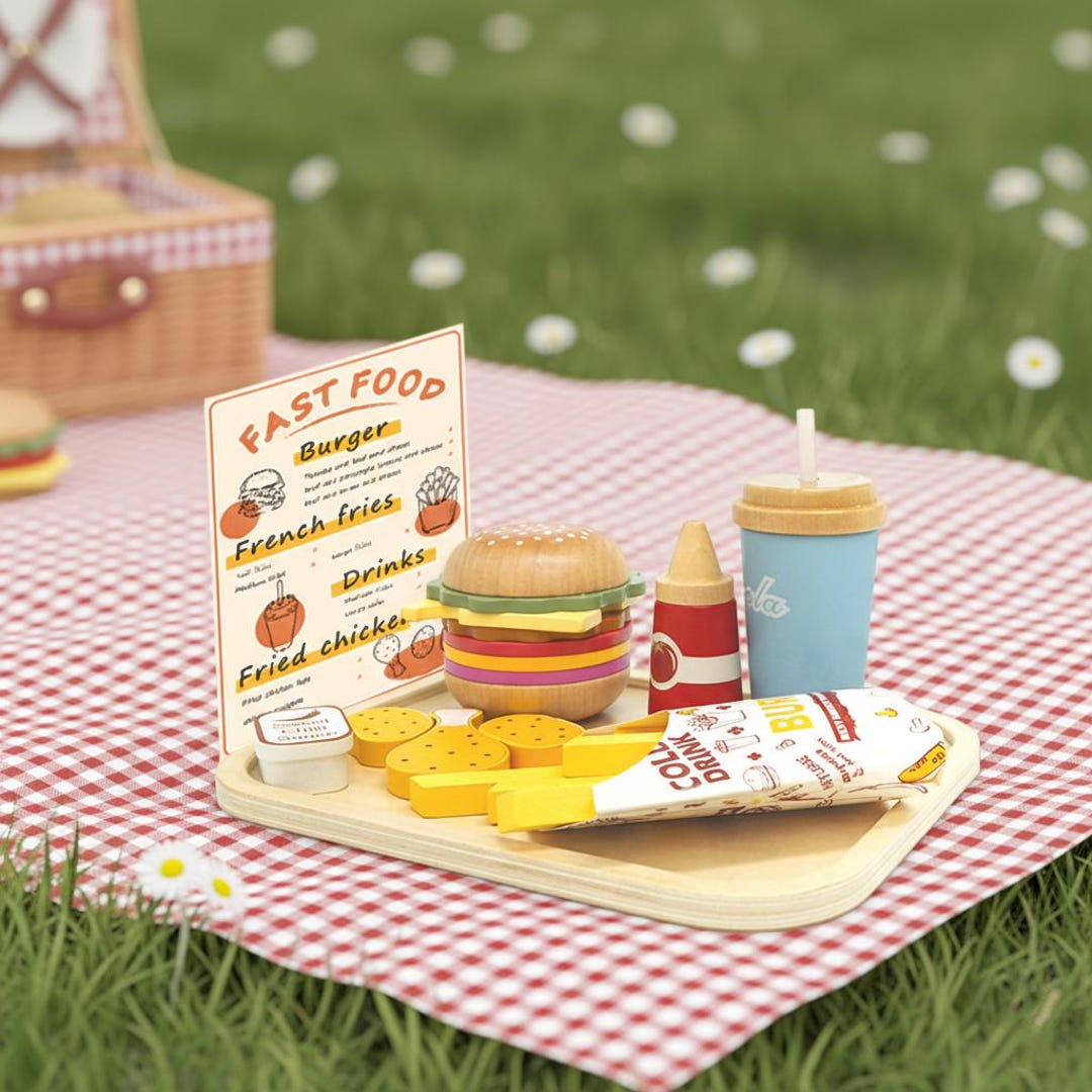 Wooden Fast Food Hamburger Play Set – Pretend Kitchen Meal Kit With ...
