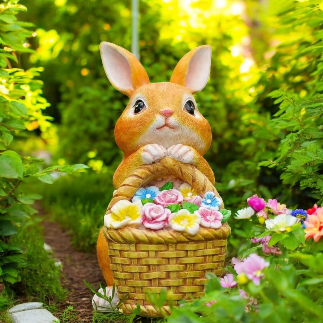 Solar Bunny Garden Statue: LED Flowers, Weatherproof Resin Rabbit ...