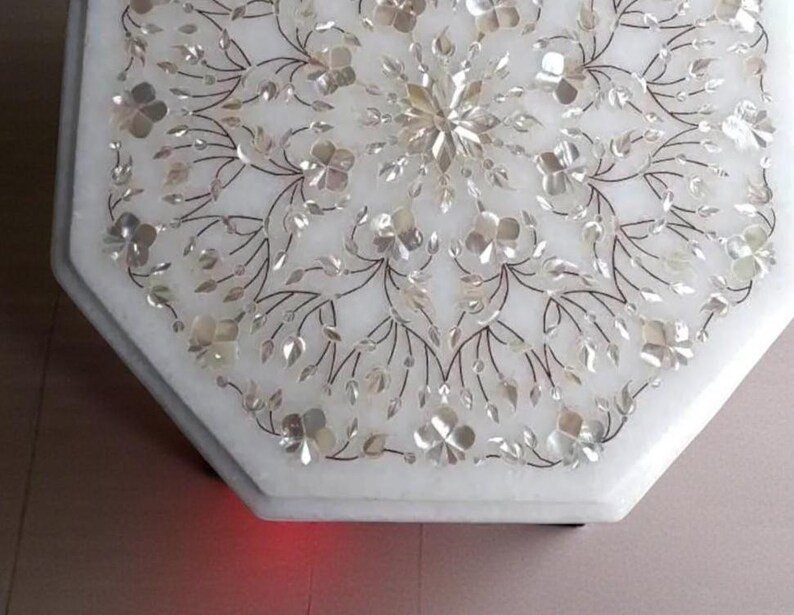 White Marble Coffee Table Mop Stone Floral Inlay Marquetry Modern Art ...