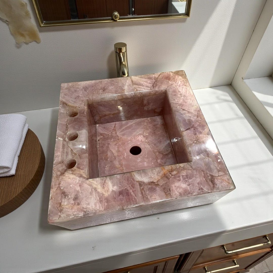 Pink Quartz Stone Sink – Luxury Gemstone Square Basin for Bathroom ...