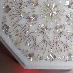White Marble Coffee Table Mop Stone Floral Inlay Marquetry Modern Art ...