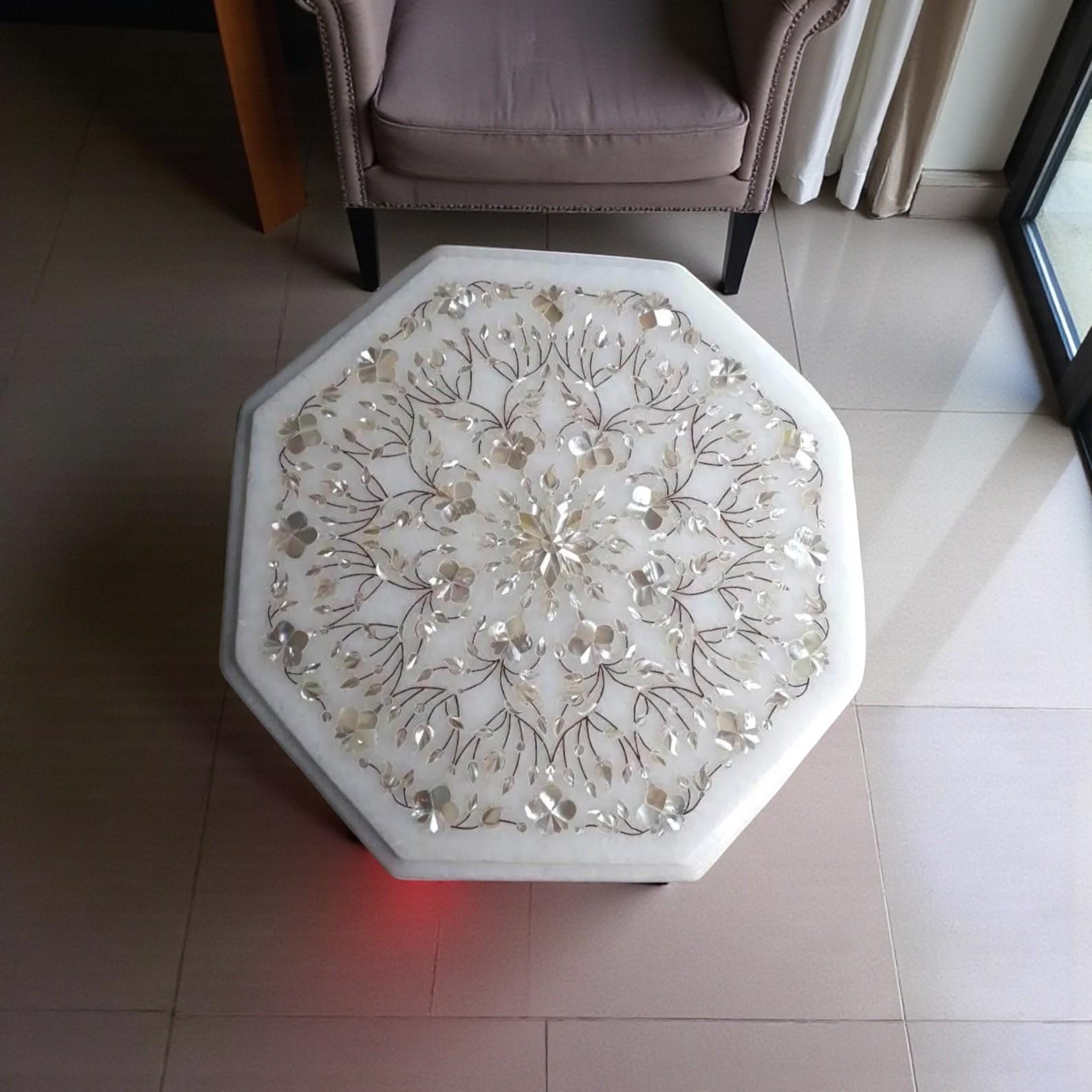 White Marble Coffee Table Mop Stone Floral Inlay Marquetry Modern Art ...
