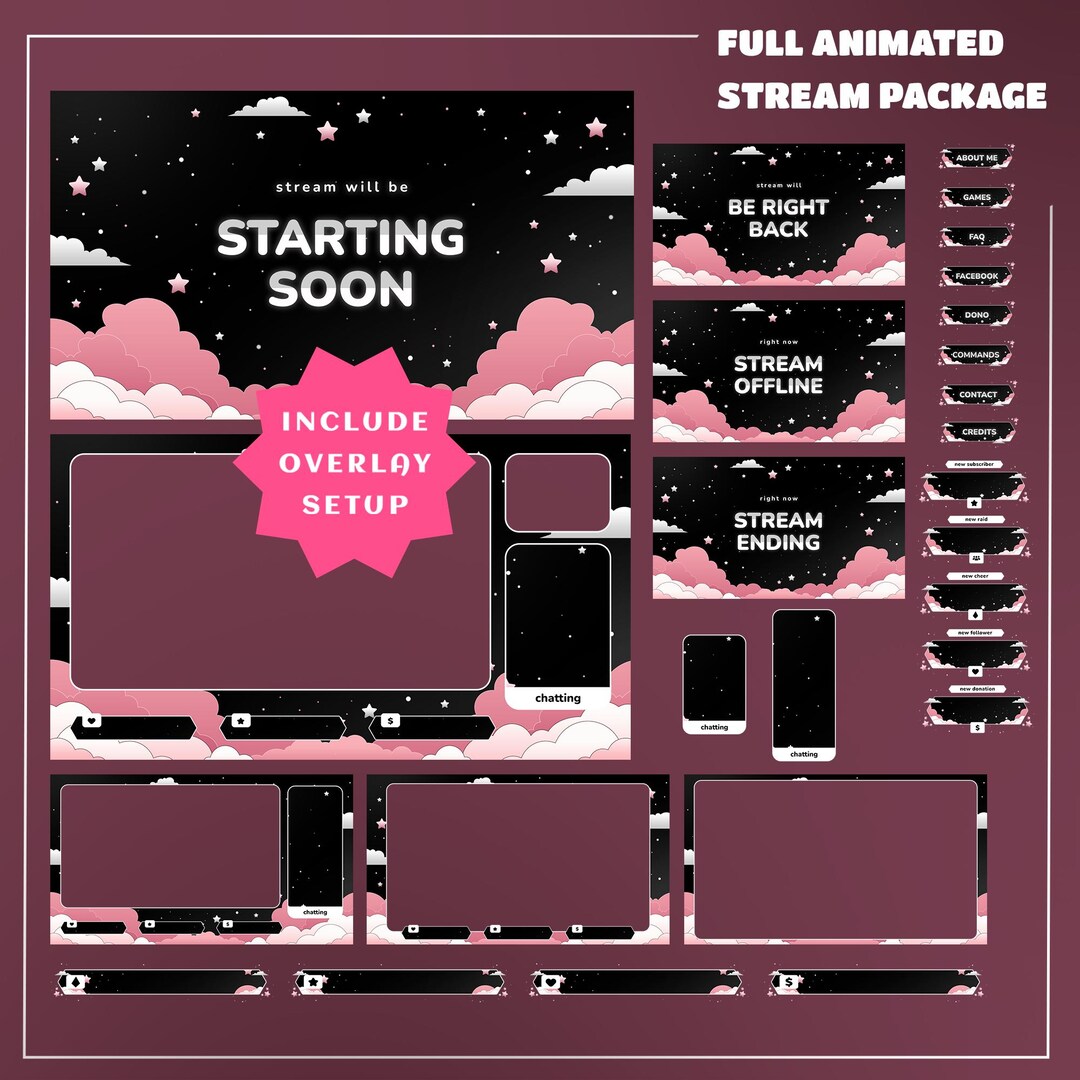 Animated Pink Starlight Stream Overlay Package – Pastel Cloud Design ...
