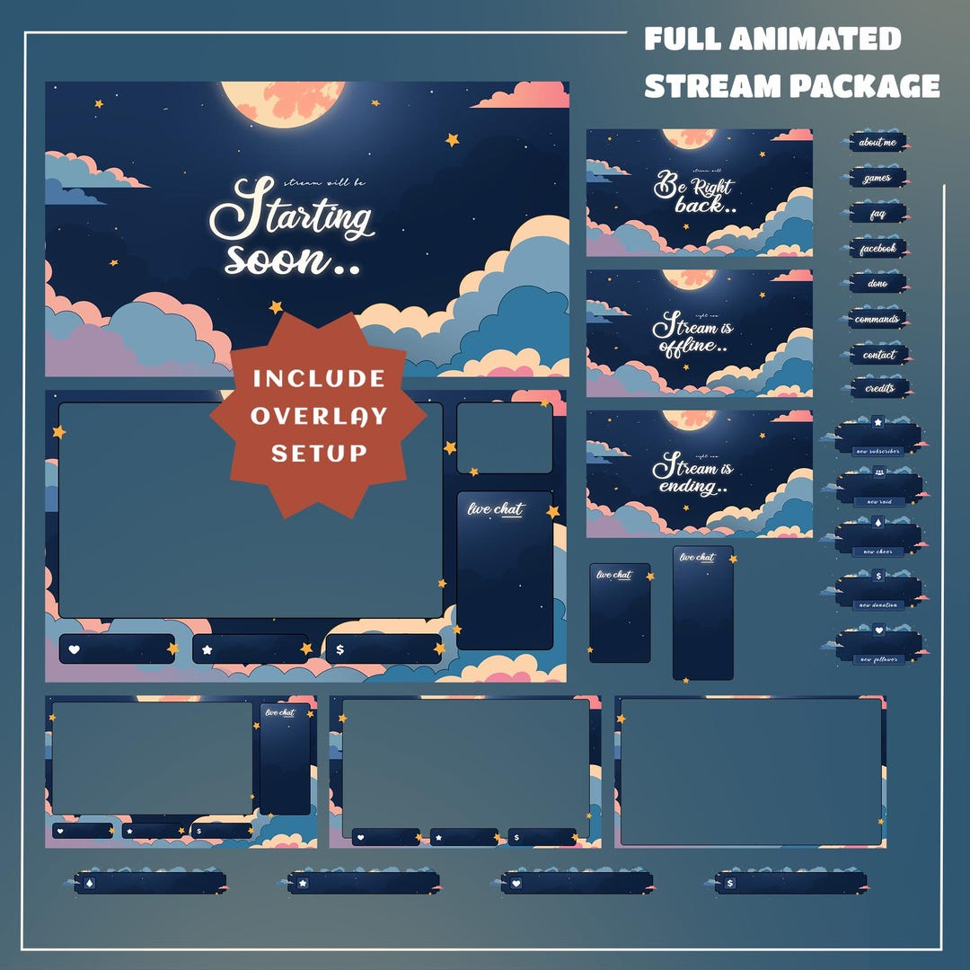 Moonlit Night Animated Stream Overlay – Blue Pastel Twitch (digital ...