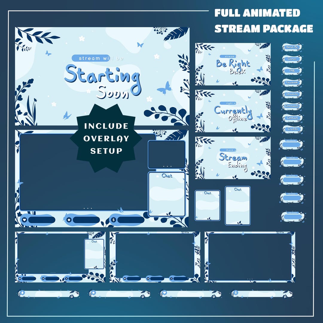 Butterfly Garden Animated Stream Overlay – Blue Floral Package (digital ...