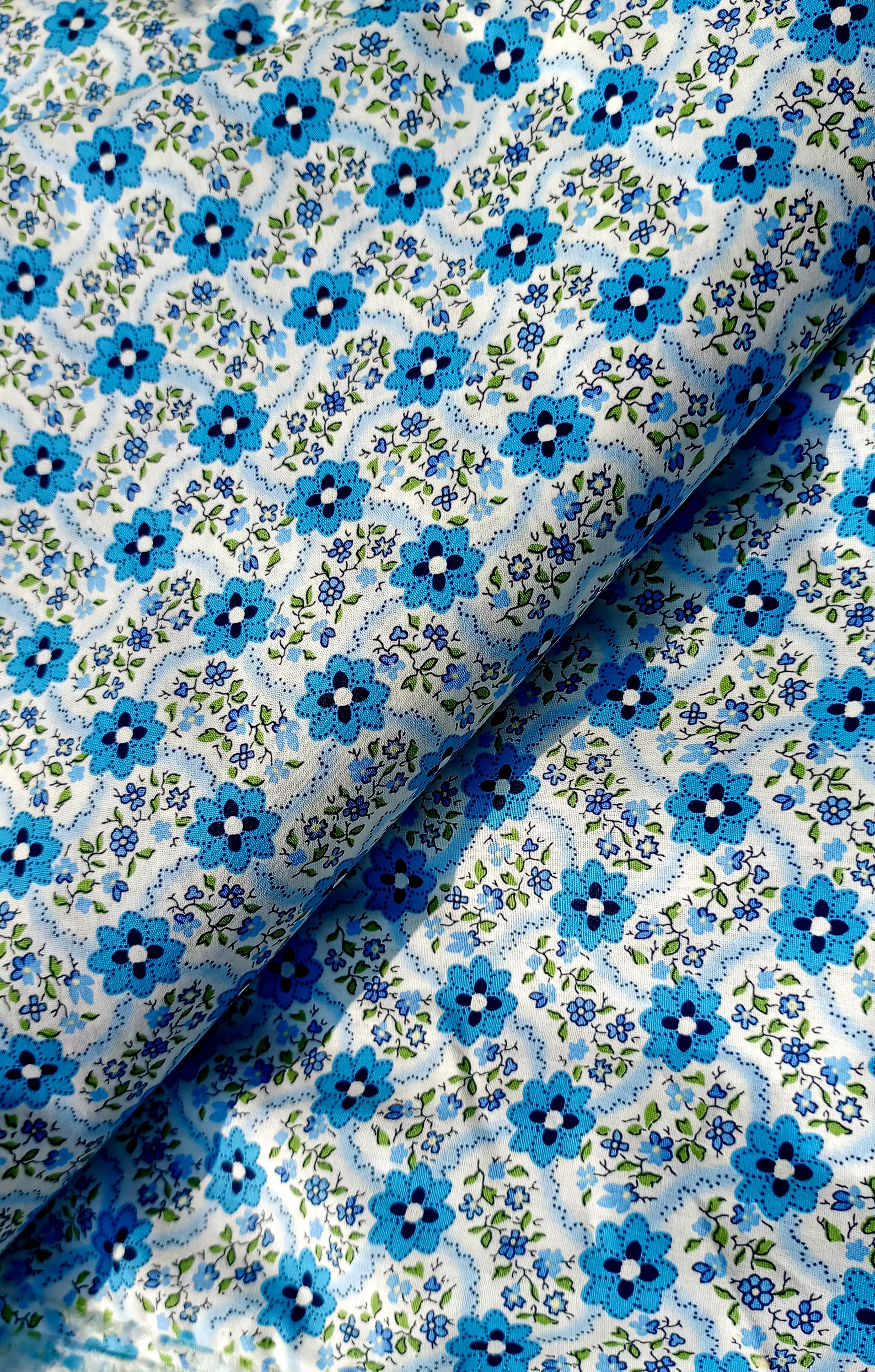 Blue Floral 100% Cotton Fabric, White Flower Print - Etsy