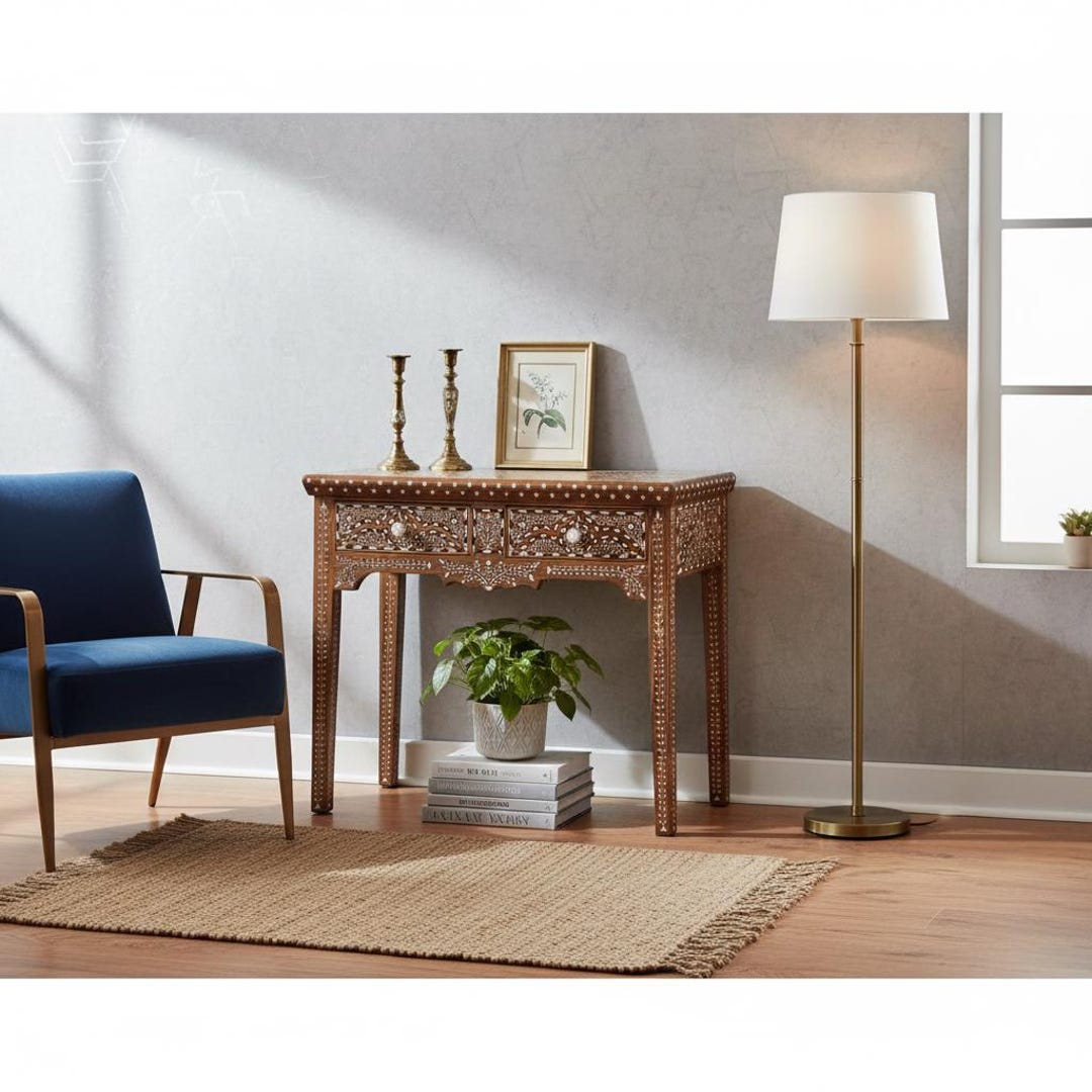 Teak Bone Inlay Console Table: Handmade 2 Drawer Luxury Entryway ...