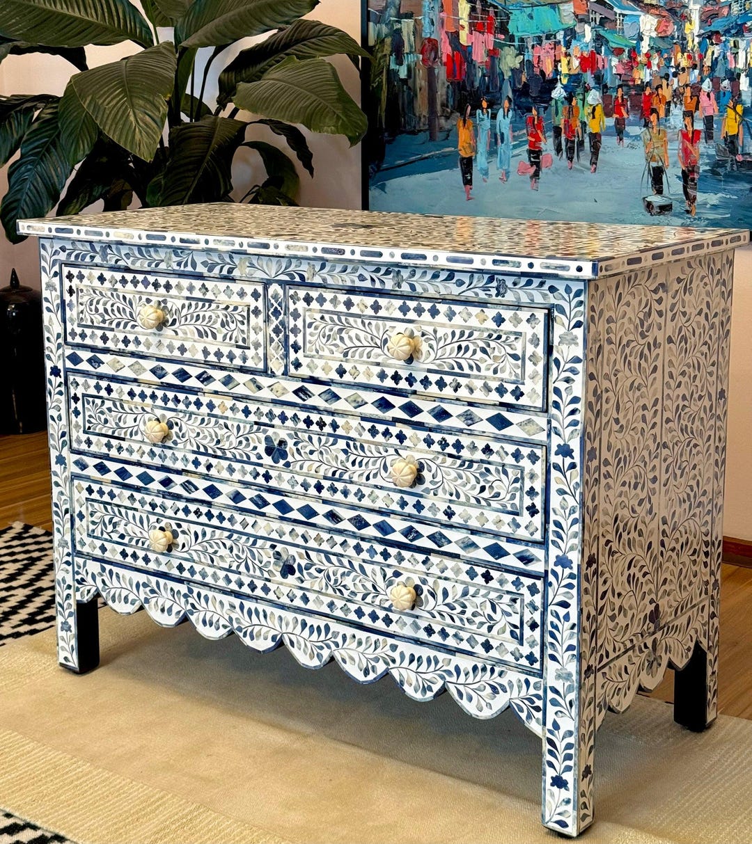 Handmade Bone Inlay Chest: Blue Scallop 4-drawer Dresser - Etsy