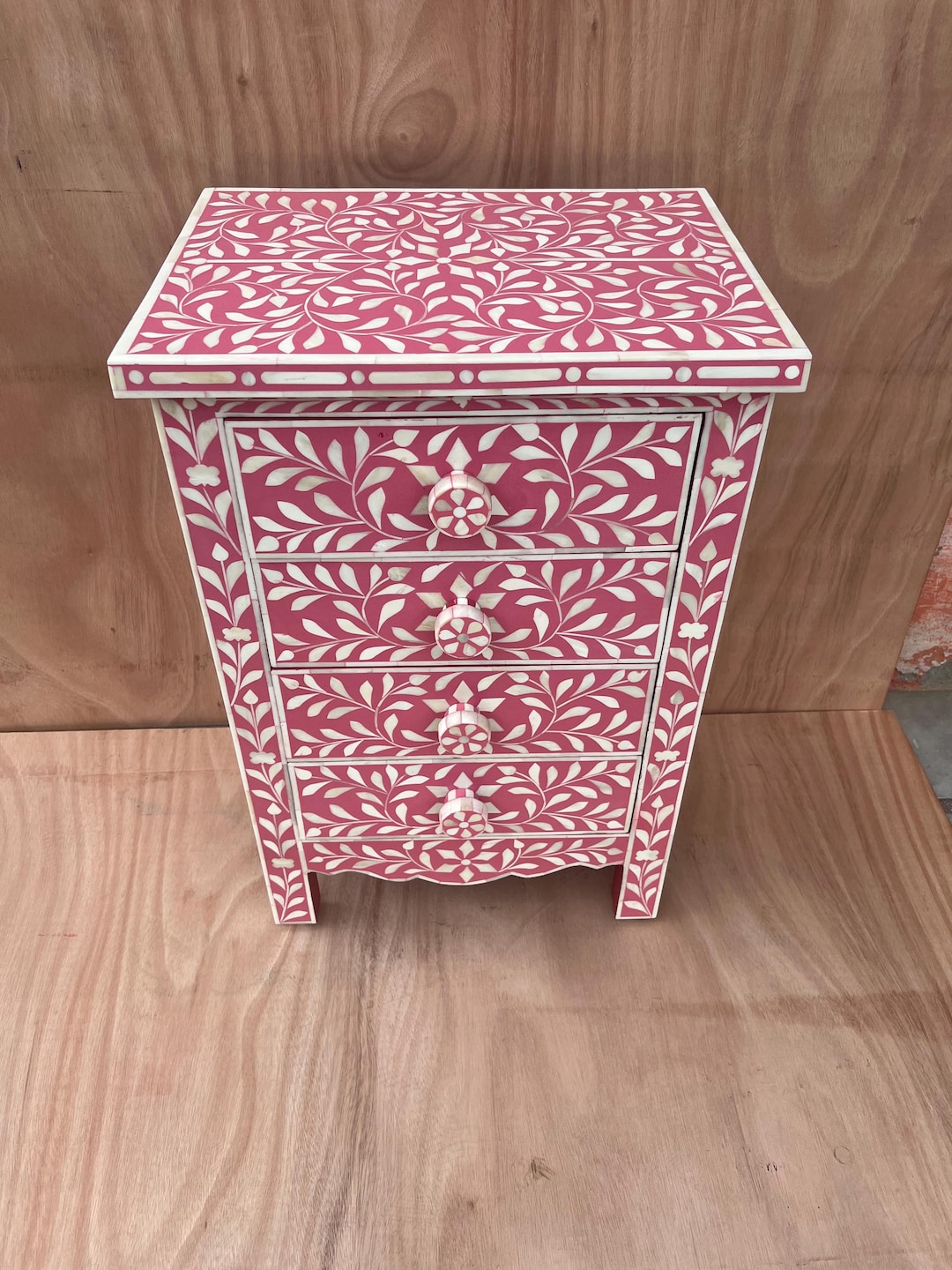 Bone Inlay Bedside Table – Handmade Nightstand With Floral Design ...