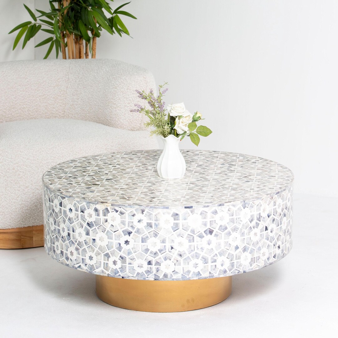Bone Inlay Round Coffee Table - End Tables Living Room Furniture for ...