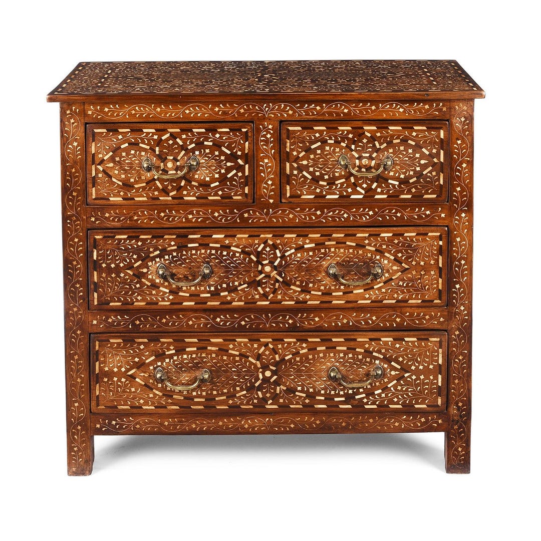 Bone Inlay Chest of Drawers: Vintage Teak Wood Cabinet With Brass ...