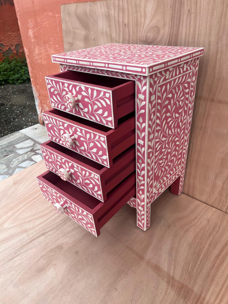 Bone Inlay Bedside Table – Handmade Nightstand With Floral Design ...