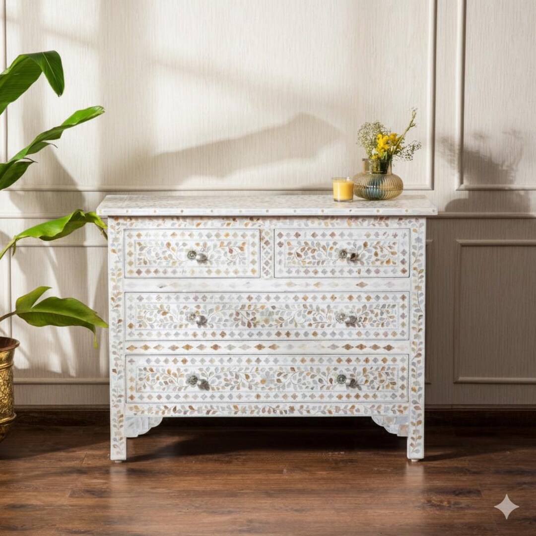 Mother of Pearl Inlay White Chest of Drawer - Etsy