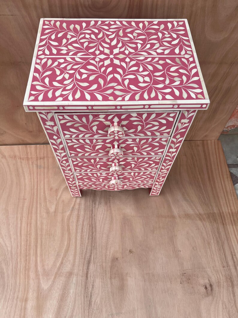 Bone Inlay Bedside Table – Handmade Nightstand With Floral Design ...