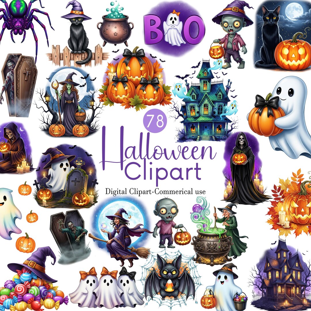Complete Halloween Clipart of 78 PNG, Halloween Spooky Clipart, Jack-o ...