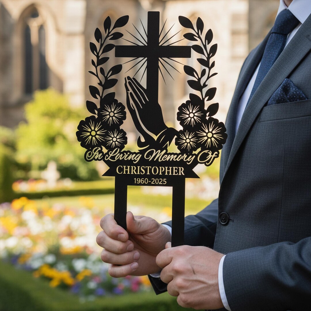 Custom Cross & Praying Hands Sign With Stake, in Loving Memory of ...
