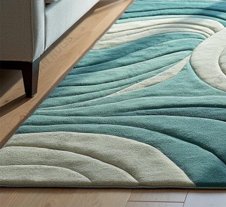 Handmade Wool Area Rug: Coastal Waves Design, Aqua Blue & Teal - Etsy