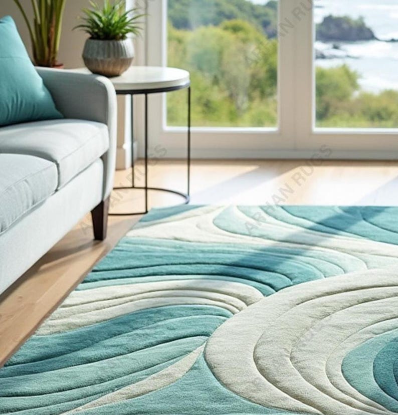 Handmade Wool Area Rug: Coastal Waves Design, Aqua Blue & Teal - Etsy