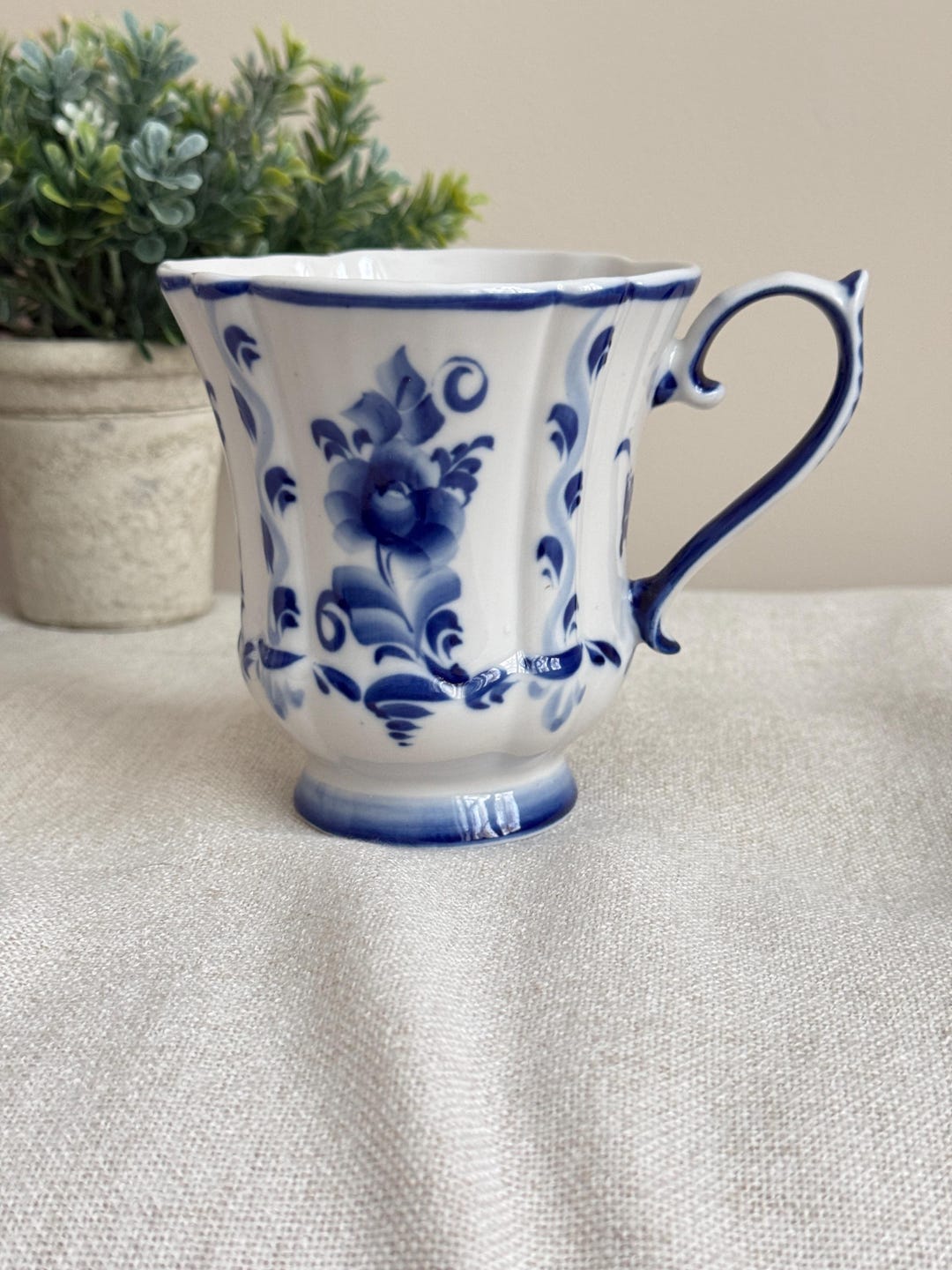 Vintage Russian Gzhel Blue & White Porcelain Mug • Hand-painted Folk ...