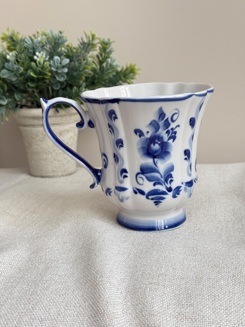 Vintage Russian Gzhel Blue & White Porcelain Mug • Hand-painted Folk ...