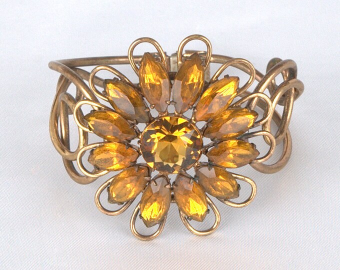 Amazing Vintage Golden Yellow Rhinestone Sunflower Clamper Bracelet - Etsy