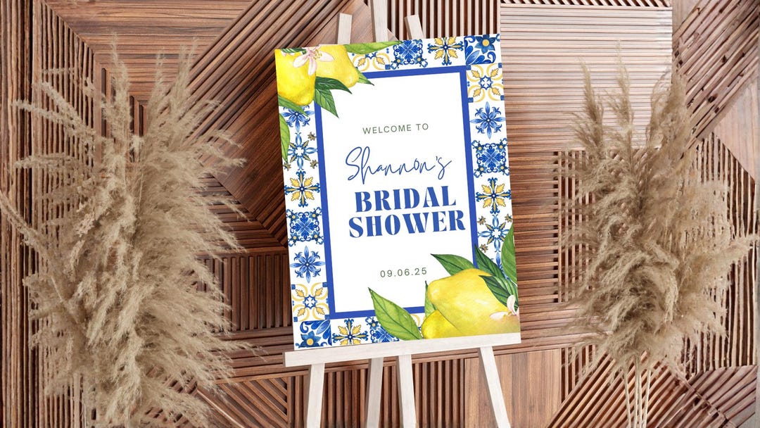 Amalfi Coast Lemon Bridal Shower Welcome Sign | Blue Tile Italian Theme ...