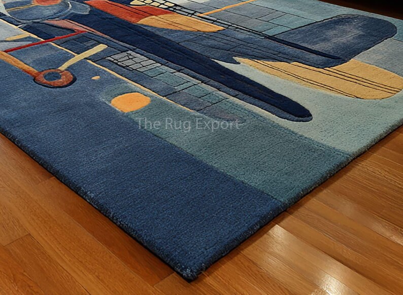 Luxury Hand-knotted Vintage Aviation Abstract Rug - Modern Blue & Gold ...
