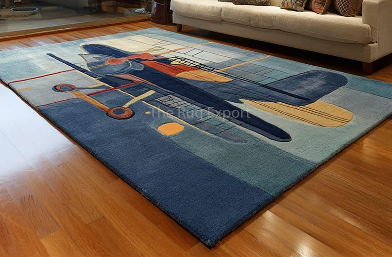 Luxury Hand-knotted Vintage Aviation Abstract Rug - Modern Blue & Gold ...