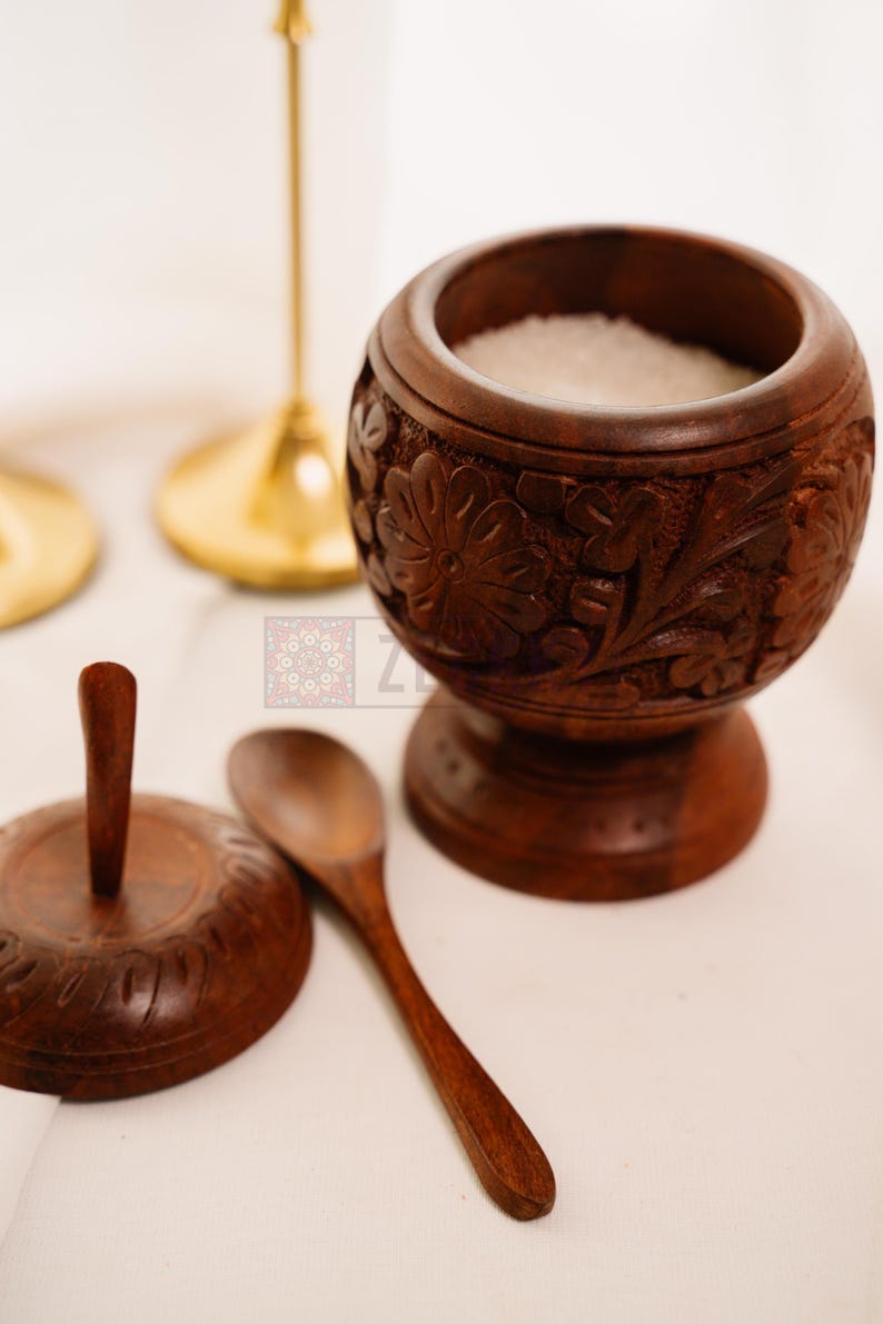 Hand Carved Wooden Spice Jar With Lid & Spoon - Floral Kitchen Decor - Etsy