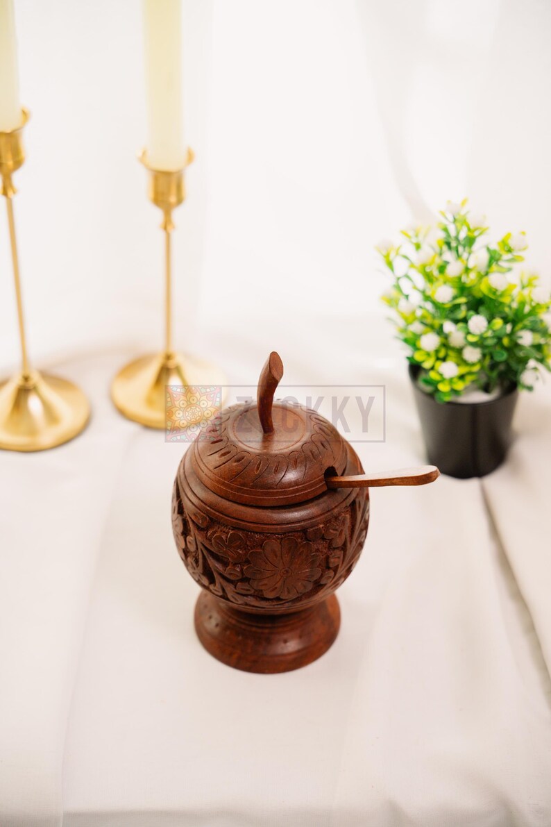 Hand Carved Wooden Spice Jar With Lid & Spoon - Floral Kitchen Decor - Etsy