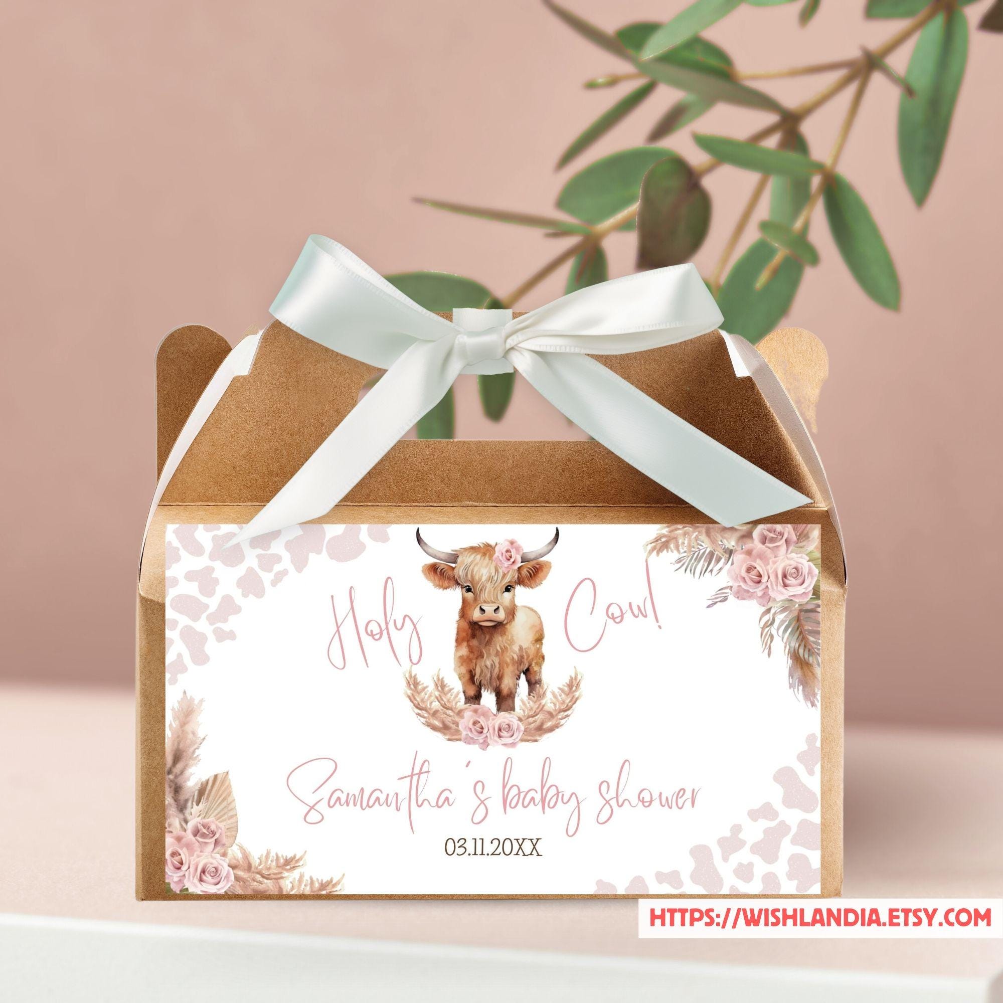 Gable Box Label Baby Shower Highland Cow, Party Favor Box Labels ...