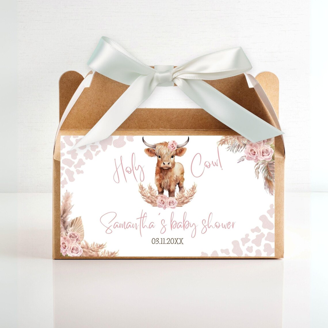 Gable Box Label Baby Shower Highland Cow, Party Favor Box Labels ...
