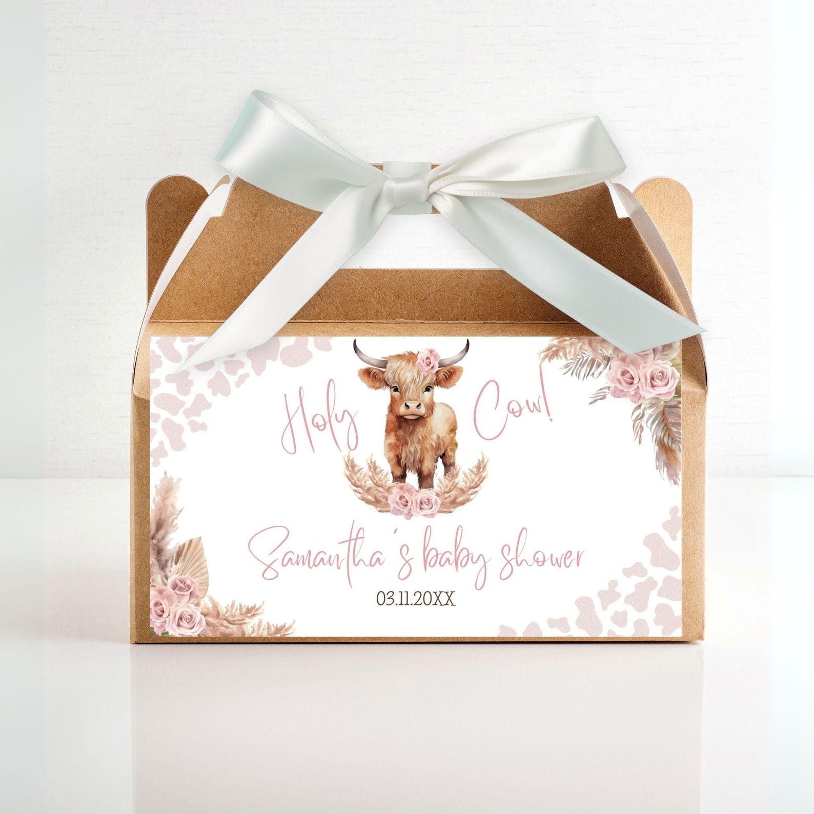 Gable Box Label Baby Shower Highland Cow, Party Favor Box Labels ...