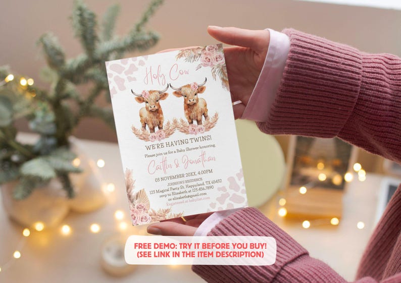 Highland Cow Twins Pink Invitation Bundle Baby Shower, Holy Cow Set ...